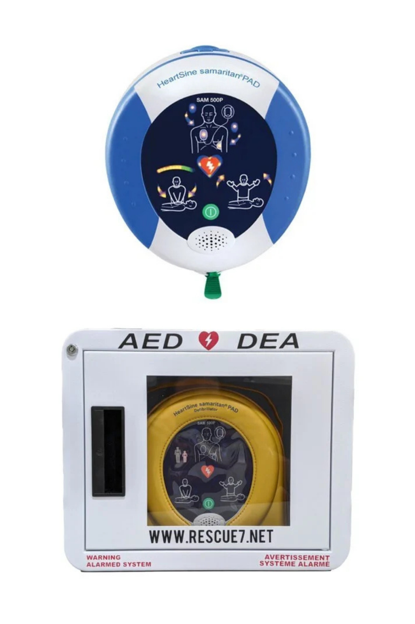 Stryker HeartSine® 500P AED with Bilingual Square-Top Alarmed AED Cabinet