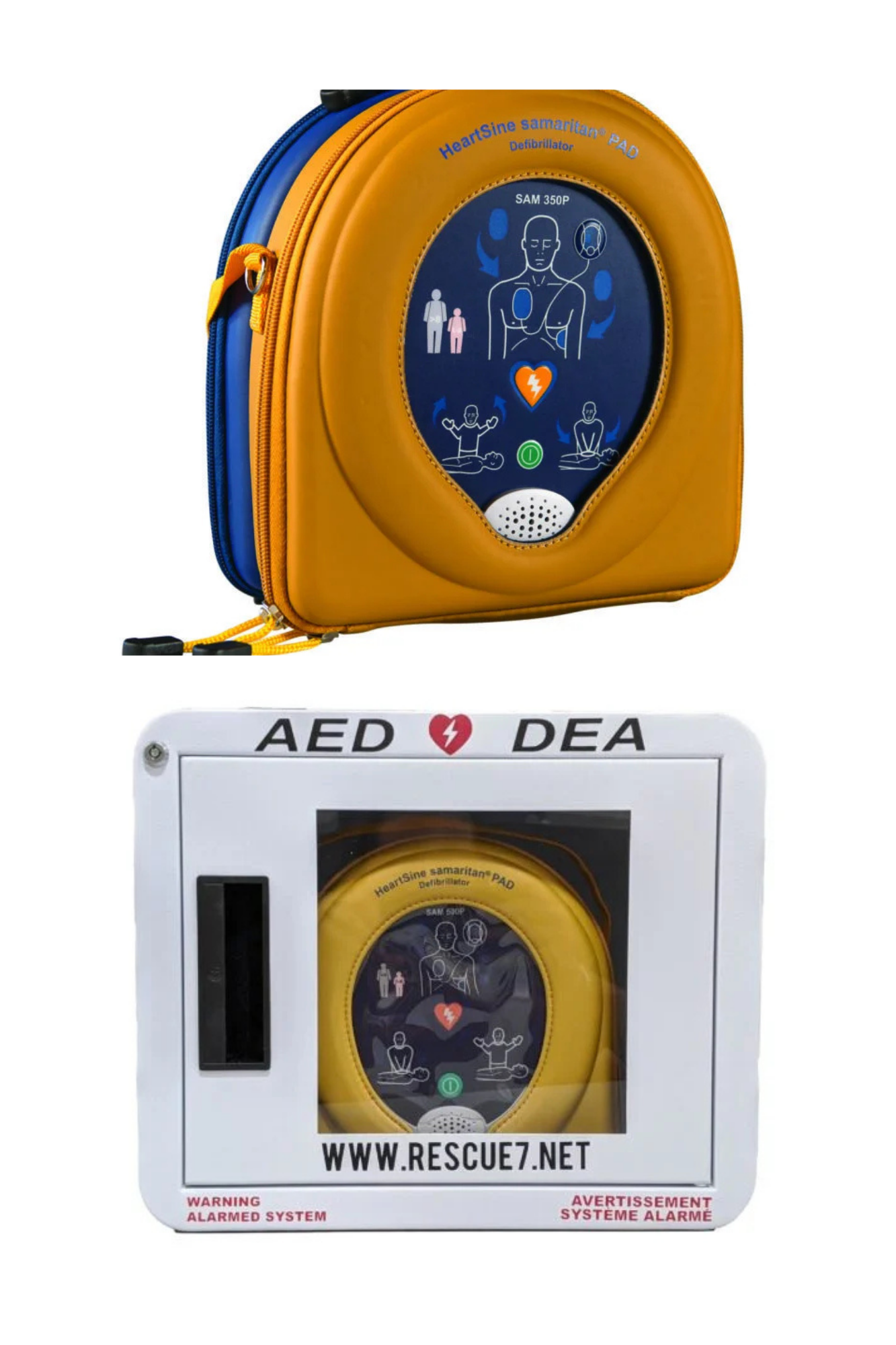 Stryker HeartSine® 350P AED with Bilingual Square-Top Alarmed AED Cabinet